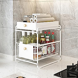 RIAAJ Kitchen Sink Shelf 2 Tier Under The Sink Organizer Sliding Countertop Organizer Slide Out Cabinet Drawer Organizer, Spice Rack Metal Basket Home Shelf for Bathroom Kitchen Sink Organizer, #2
