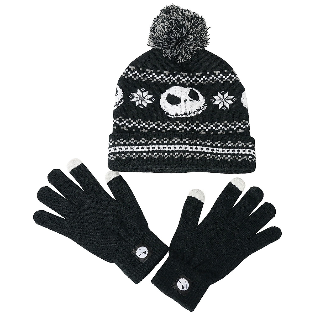 Disney Jack Skellington Womens Knit Beanie Hat and Texting Glove Set (Black)