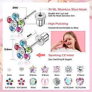 YADOCA 14 Pairs Hypoallergenic Screw Back Earrings for Girls Women Surgical Steel Tiny CZ Pearl Ball Heart Flower Screwback Earrings Studs Set Multicolored Pink