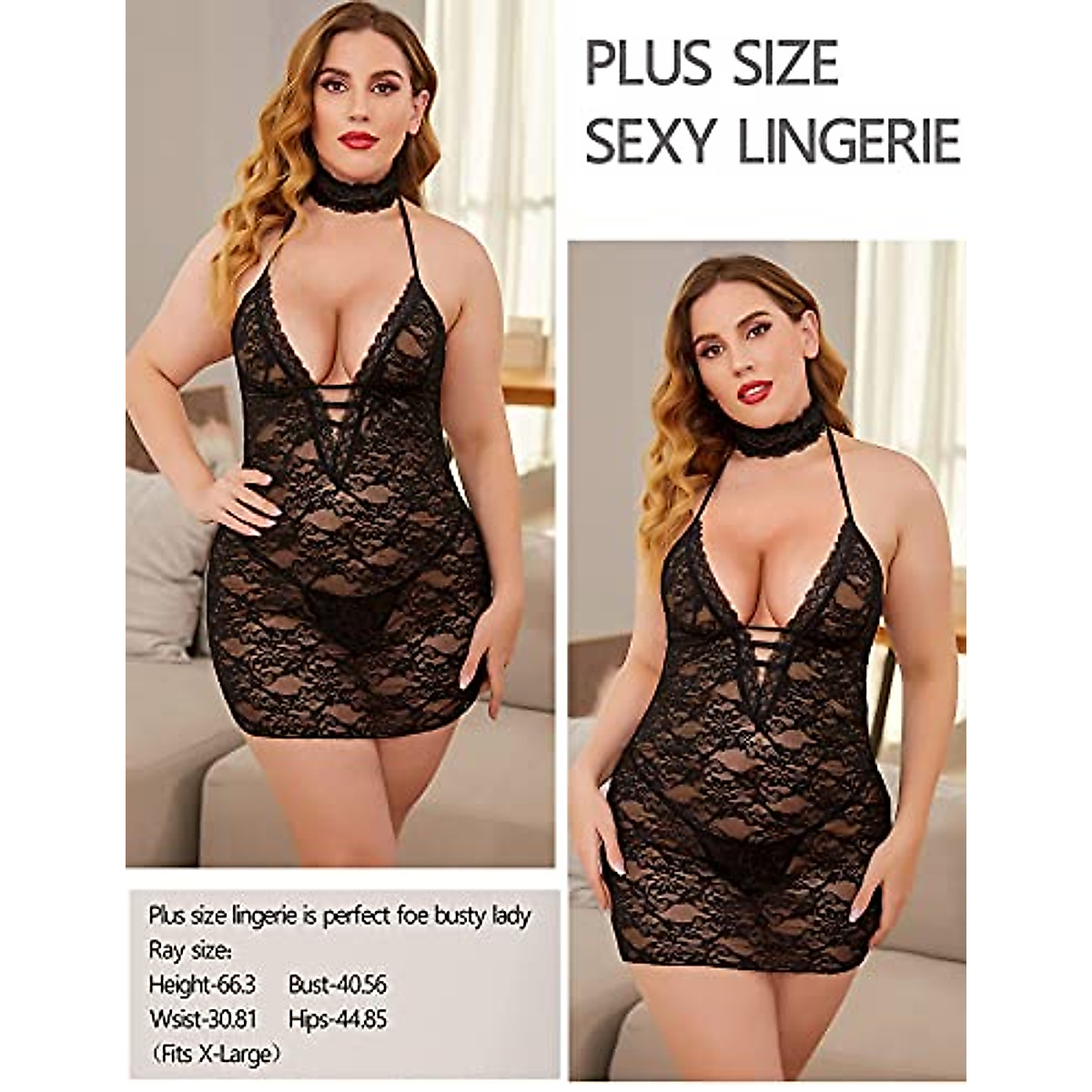 Avidlove Women Nightwear Lace Lingerie Halter Strap Chemise Floral Babydoll Sexy Nightie Dress Black M