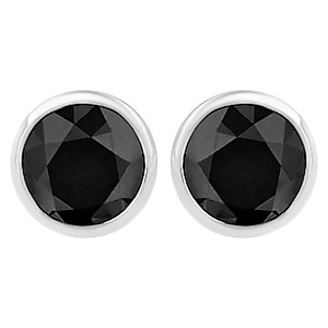 .925 Sterling Silver 1.00 Cttw Round Brilliant-Cut Black Diamond Bezel-Set Stud Earrings with Screw Backs (Fancy Color-Enhanced, I2-I3 Clarity)