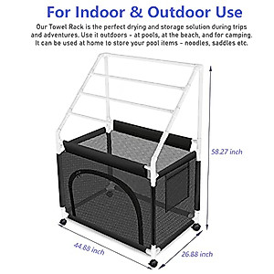Heavy Duty Vertical Poolside Pipe Towel Rack for Pool, Lake, RV, PVC Outdoor Pool Beach Towel Rack Shelf with Organizer Net Mesh and Moveable Wheels, 4 Small Towel Clips and Installation Hammer