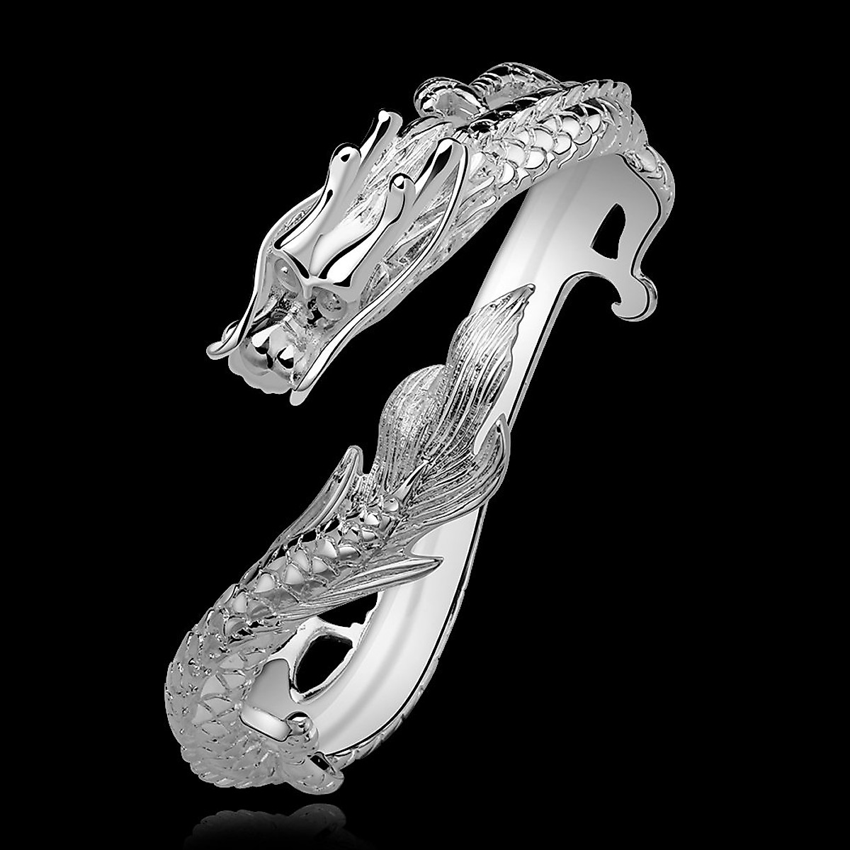 Goldenchen Fashion 925 Sterling Silver Antique Chinese Dragon Chic Lady Gentleman Bangle Bracelet