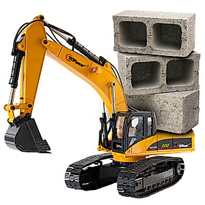 Top Race Full Metal Adult RC Hydraulic Excavator Truck - 23-Channel Remote Control Excavator Toy with Claw Grabber - Rechargeable 2000mAh Battery, Smoke Simulated, RC Trucks, 180 Lbs Capacity