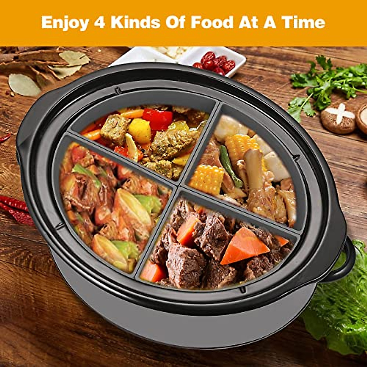 Slow Cooker Divider, Silicone Liner fit 6 QT Crockpot, Makes 4 Flavors & Reusable Crockpot Divider, Dishwasher Safe Fit 6QT (4 Count, Grey)