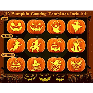 NESSTU Halloween Pumpkin Carving Kit Tools 23 PCS Heavy Duty Stainless Steel Pumpkin Carver Set with Stencils Candles, Lengthening and Thickening Simple & Safe Carving Tools for Kids & Adults