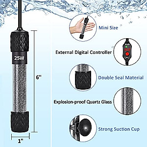 Aquarium Heater 25W Small Fish Tank Heater Submersible 25W 50W 100W, Precise Temperature Control with Intelligent Memory Function, External LED Digital Temp Controller Suitable for Betta Fish Turtle