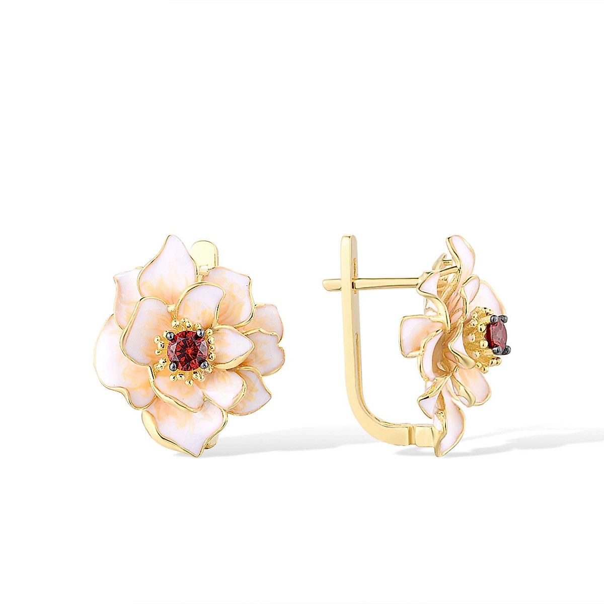 Santuzza Lotus Earrings 925 Sterling Silver Garnet Handmade Enamel White Flower Dangle Earrings for Women