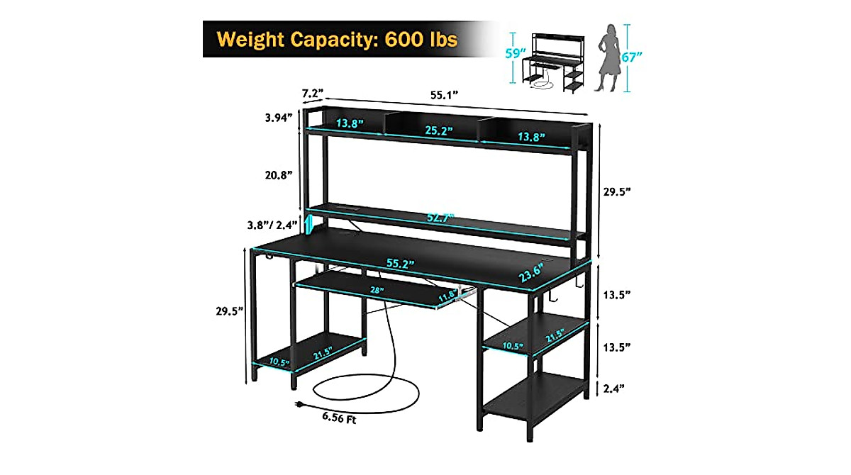 55" Computer Desk with USB Ports - Ergonomic & Durable