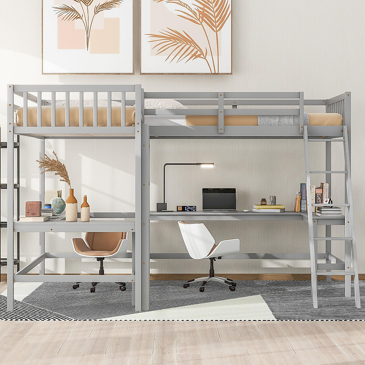 CITYLIGHT L-Shaped Loft Bed with 2 Built-in L-Shaped Desks,Wood Twin Size Loft Bed with Desk Underneath for Kids,Double Loft Beds with Guardrails and Ladders for Boys Girls Teens,Grey