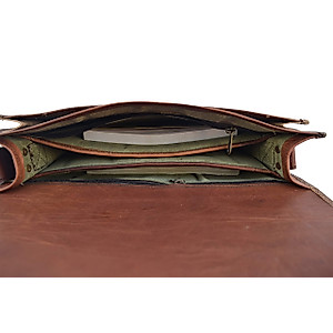 Genuine Vintage Leather Crossbody Messenger Bag, Slim Vertical Messenger Bag Fits 13 Inch Laptop, Unisex Shoulder Bag with Adjustable Straps and Brass Accessories, Brown