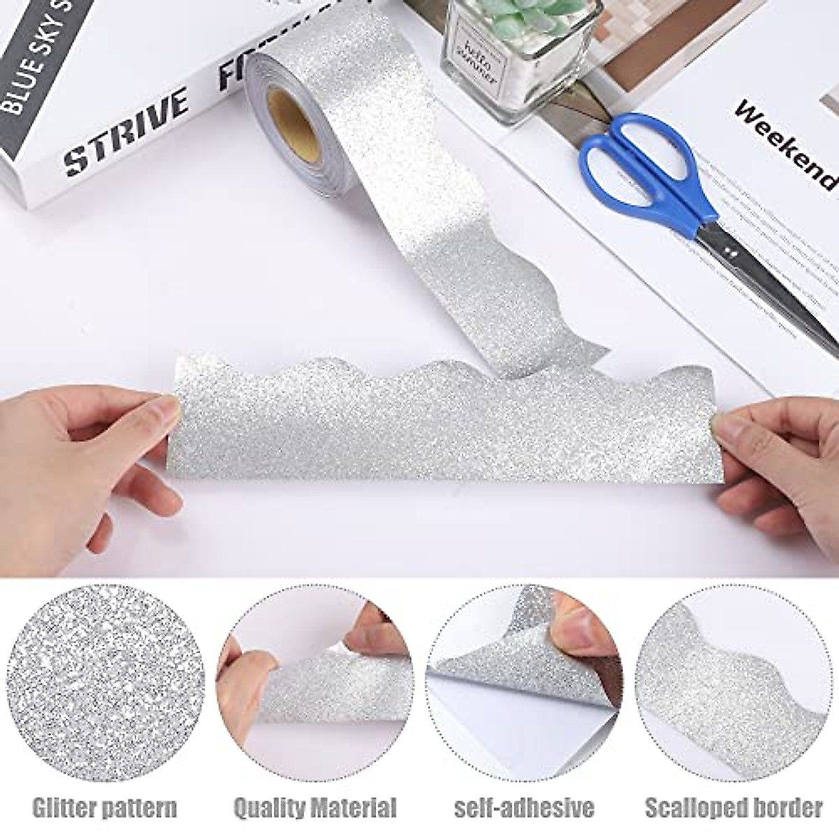 131Ft Silver Glitter Bulletin Board Borders Silver Scalloped Bulletin Board Trims Shiny Decorative Border Trims Sparkle Self-Adhesive Bulletin Stickers for Classroom School Home Office Blackboard Desk