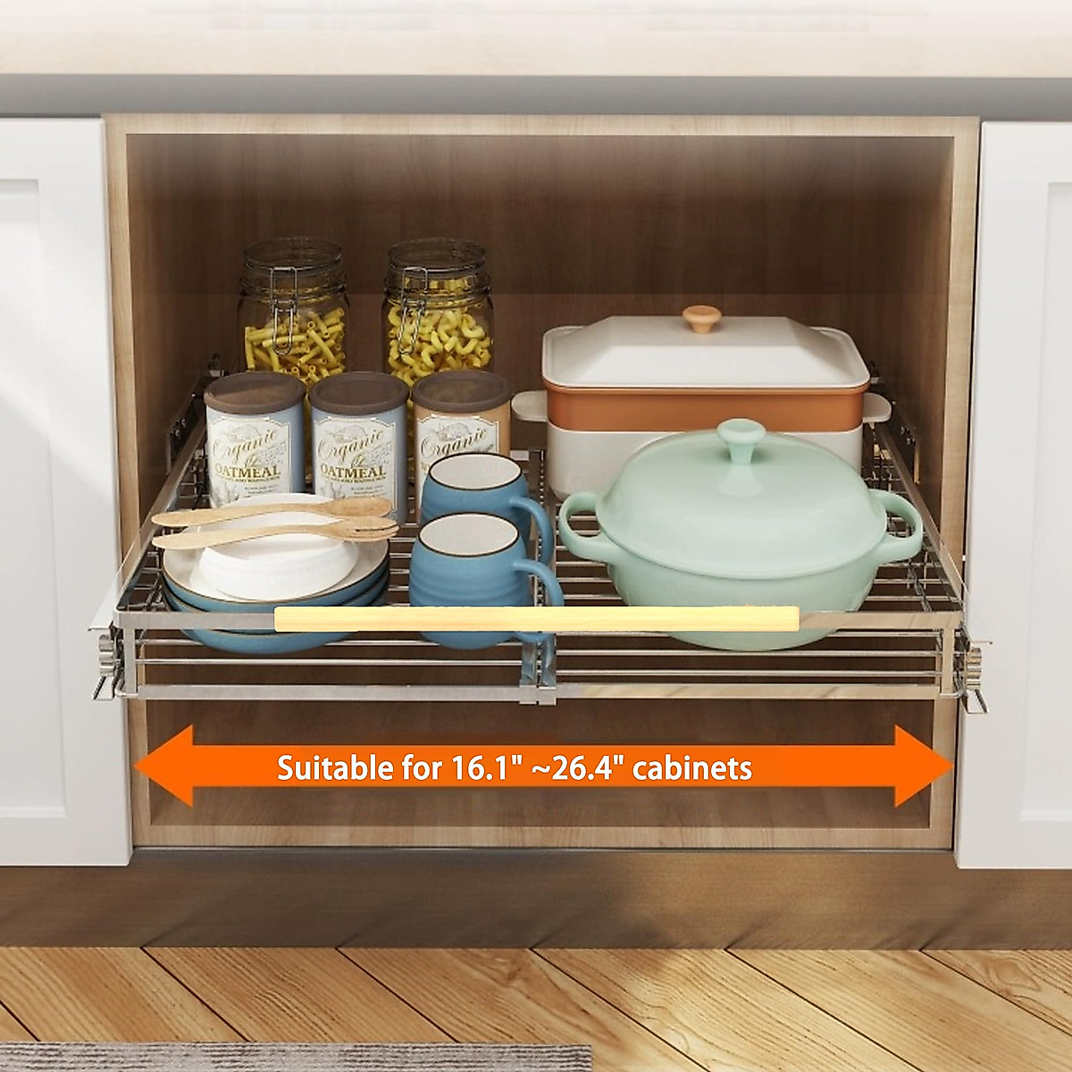 Redrubbit Expandable Pull Out Drawers Cabinet Shelf Organizer, Heavy Steel Metal Wire Slide Out Kitchen Pantry Organizer Storage Shelf, Adjustable Width 16.3~26.3"x17.3" D