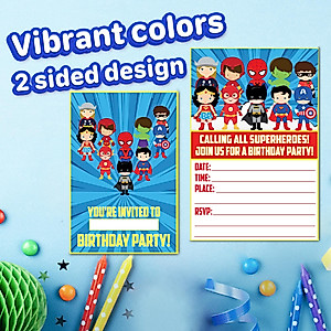 20x Super Hero Kids Birthday Invitations and Envelopes – Fill-in Happy Birthday Party Invitations for Kids, 6X4 Inches, Postcard Style