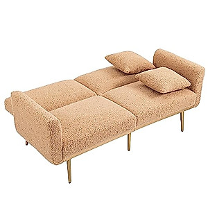 Eafurn Sherpa Teddy Futon Sofa Bed, Modern Boucle Upholstered Comfy Loveseat Couch Sleeper Sofabed with Golden Metal Legs and Throw Pillows, Small Folding Sofa&Couch for Home Office, Camel 65.35"