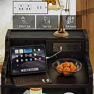 LIKIMIO Black Nightstand with LED Charging Station 2 Drawers and Storage Shelves, Left and Right Interchangeable Sockets Bed Side Table Night Stand with Drawer