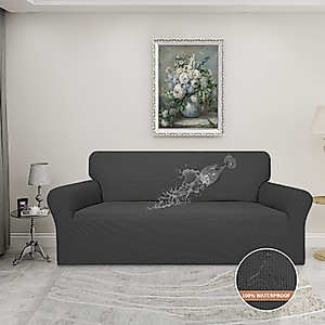 Easy-Going 100% Waterproof Couch Cover, Dual Sofa Stretch Jacquard Slipcover, Leakproof Furniture Protector for Kids, Pets, Dog and Cat (Sofa, Dark Gray)