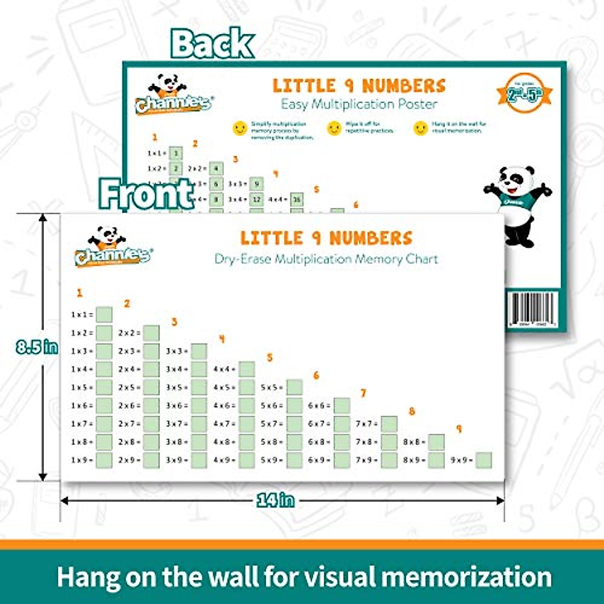 Channie’s Math Practice Combo Pack for Elementary School Students, One Page a Day Workbook and Little 9 Little Numbers Reusable Dry Erase Poster for Practicing Single Digit Multiplication Problems