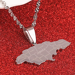 BR Gold Jewelry Stainless Steel Map of Jamaica With City Pendant Necklaces for Women (Silver Color)