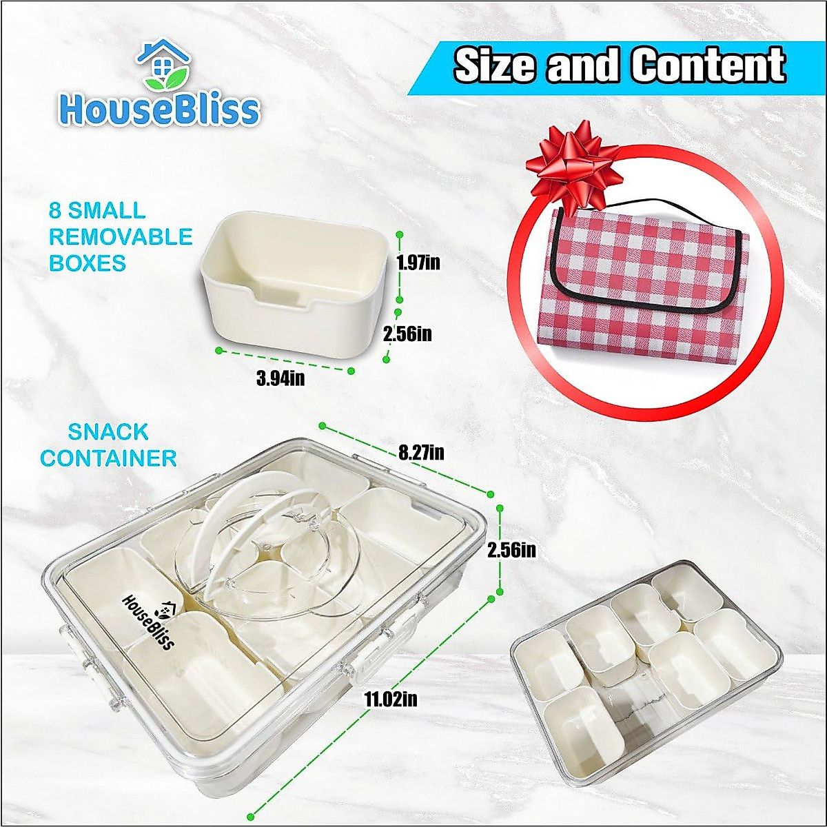 HouseBliss Divided Serving Tray with Lid and Handle, Portable Snackle Box Charcuterie Container, 8 Compartment Snack Divider Container for Candy, Fruits, Nuts, Perfect for Party, Picnic, Cream
