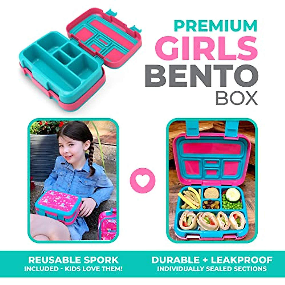 Unicorn Bento Lunch Box for Girls Toddlers, 5 Portion Control Sections, BPA Free Removable Plastic Tray, Pre-School Kid Toddler Girl Daycare Lunches, Snack Container Ages 3 to 7 Pink