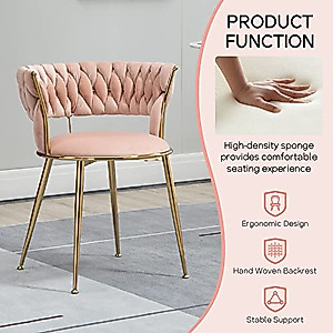 LETESA Velvet Dining Chairs Set of 2 with Hand Woven Hollow Backrest Design, Modern Upholstered Accent Chairs with Gold Metal Legs, Vanity Chairs for Dining Room, Living Room (Pink)