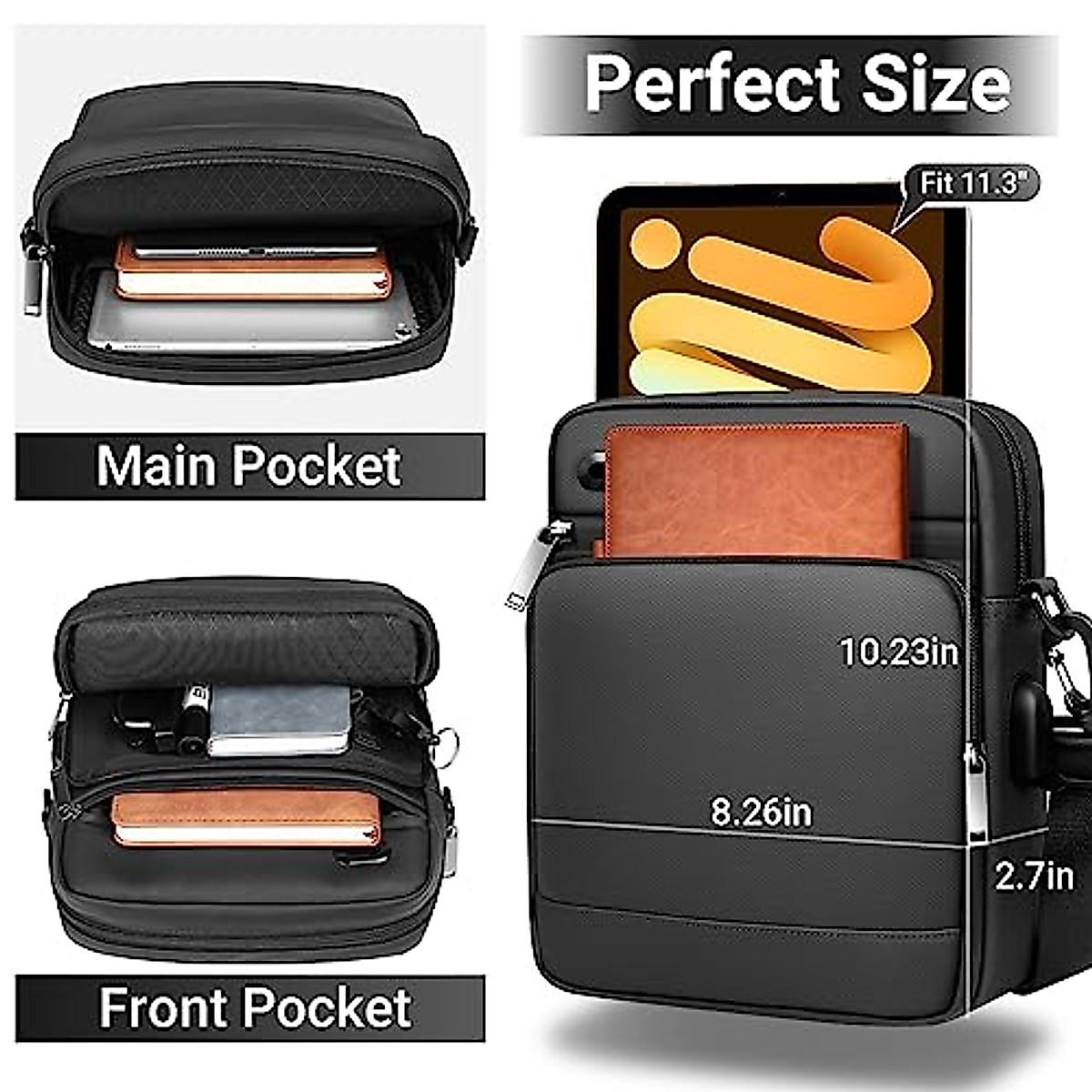 Messenger Bag for Men,Compact Small Shoulder Crossbody Bag with USB Charging Port,11.3 Inch Waterproof Lightweight Anti-theft Satchel Side Bags Crossbody Bag for Men Women College Work Travel Casual