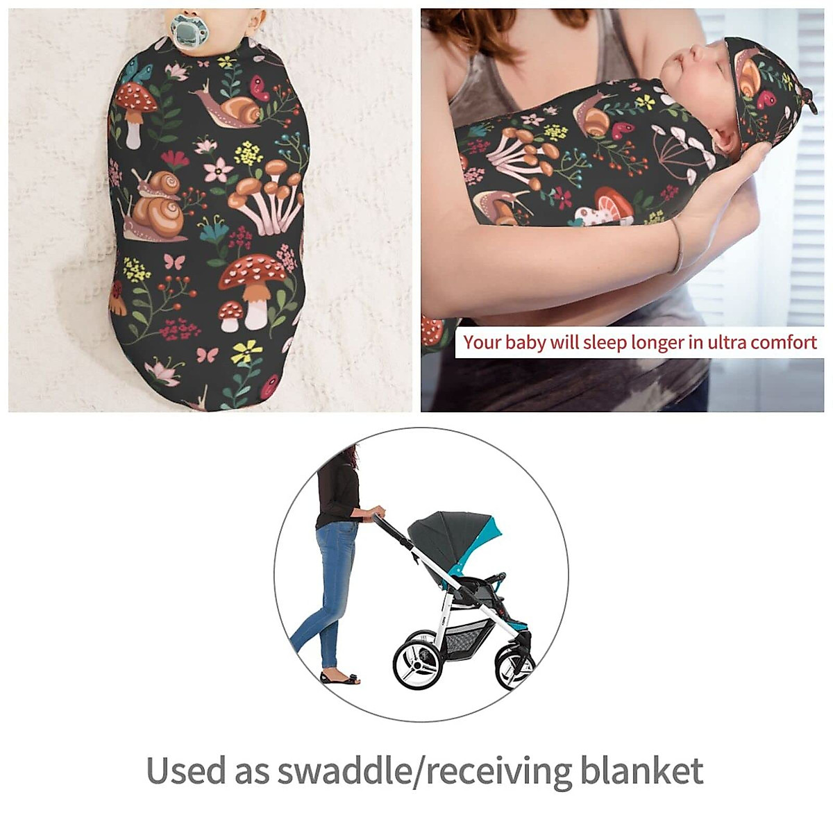 Muishi Mushrooms Snails Butterflies Newborn Swaddle Blankets Hat Sets Soft Baby Receiving Blanket Swaddle Sack for Baby Shower Infant Boy Girl Gift