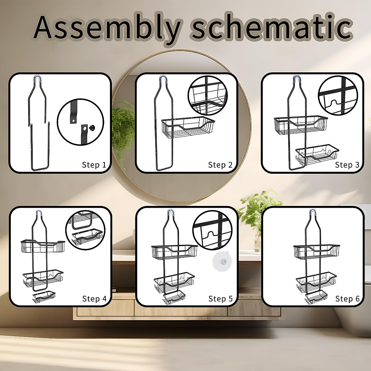 GOHOLE Shower Caddy Over Shower Head, Hanging Shower Organizer, Over the Shower Head Caddy, with Soap Basket and 12 Hooks for Razor Sponge Towels, Black