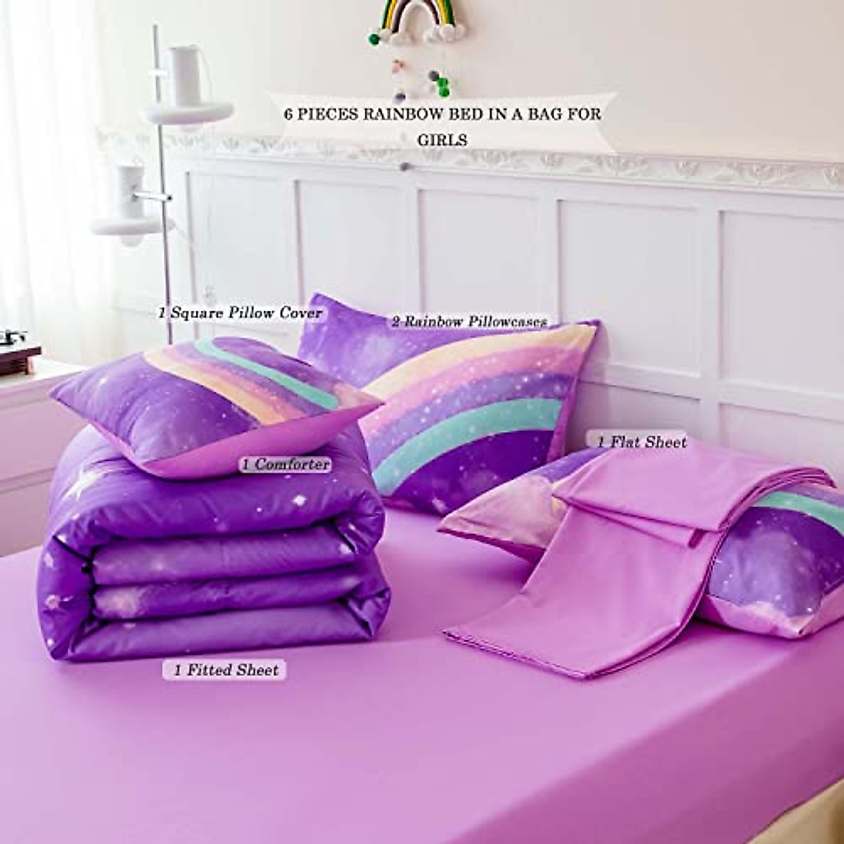 ANGIYUIN Purple Twin Bed in A Bag, 6 Pieces Rainbow Gradient Glitter Bedding Sets for Girls, 3D Galaxy Nebula Kids Comforter Set with Comforter Sheets Pillowcases for All Season