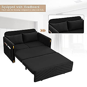 KIVENJAJA Convertible Sleeper Sofa Bed, Modern Velvet Loveseat Couch with Pull Out Bed, Small Love Seat Futon Sofa Bed with Headboard, 2 Pillows & Side Pockets for Living Room, 54” (Black)