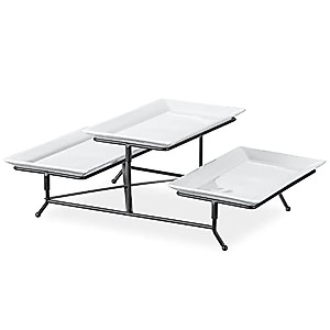 ONEMORE 3 Tier Serving Tray - Collapsible Tiered Stand and Ceramic Serving Platters - Cross Bars Included - White