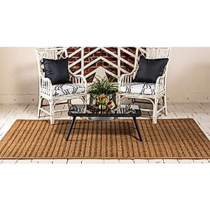 Unique Loom Outdoor Border Collection Transitional Indoor & Outdoor Casual Striped Tonal Border Area Rug (6' 0 x 9' 0 Rectangular, Light Brown/ Olive)