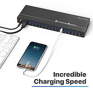Multi-Safety Protection USB Splitter - 16 Port Powered USB Hub 3.0 with AC Adapter (12V / 10A) - Aluminium USB 3.0 Hub with LEDs - High Speed - Hub for Multiple Devices - Powered USB 3.0 Hub