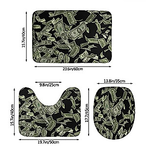 WONDERTIFY 3D Dollars Bathroom Antiskid Pad Hundred Money Falling 3 Pieces Bathroom Rugs Set, Bath Mat+Contour+Toilet Lid Cover