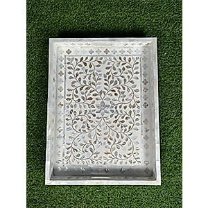 Beautifully Handcrafted Antique Mother of Pearl Serving Tray | White Colour Home Decor Tray | Decorative Food Platter | Handcrafted Ottoman Tray | Breakfast in Bed Tray - Fairdeal Handicrafts