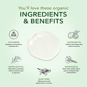 Nourish Organic Moisturizing Face Cleanser for All Skin Types, Watercress + Cucumber Face Wash, Fragrance-Free (6 Oz) + Washable Cotton Round