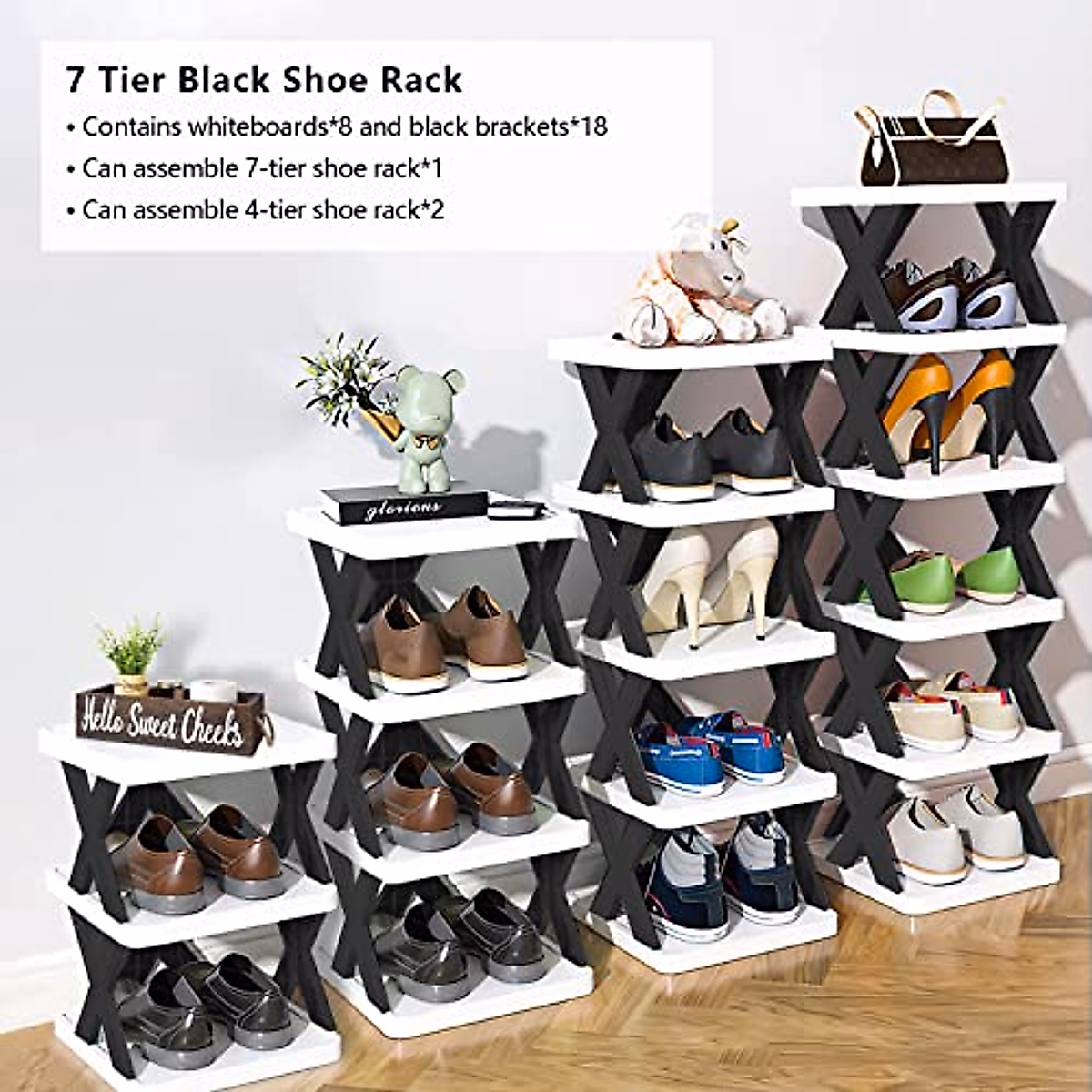 7 Tiers Small Shoe Rack,Narrow Vertical Free Standing Shoe Tower,Space Saving Furniture Shoe Storage Organizer for Corner,Entryway,Door,Hallway,Closet,Bedroom,Stable in Structure and Stackable,Black