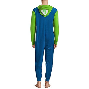 Nintendo Super Mario Luigi PJ Union Suit Costume Pajamas for Men with Faux Moustache, Large Blue