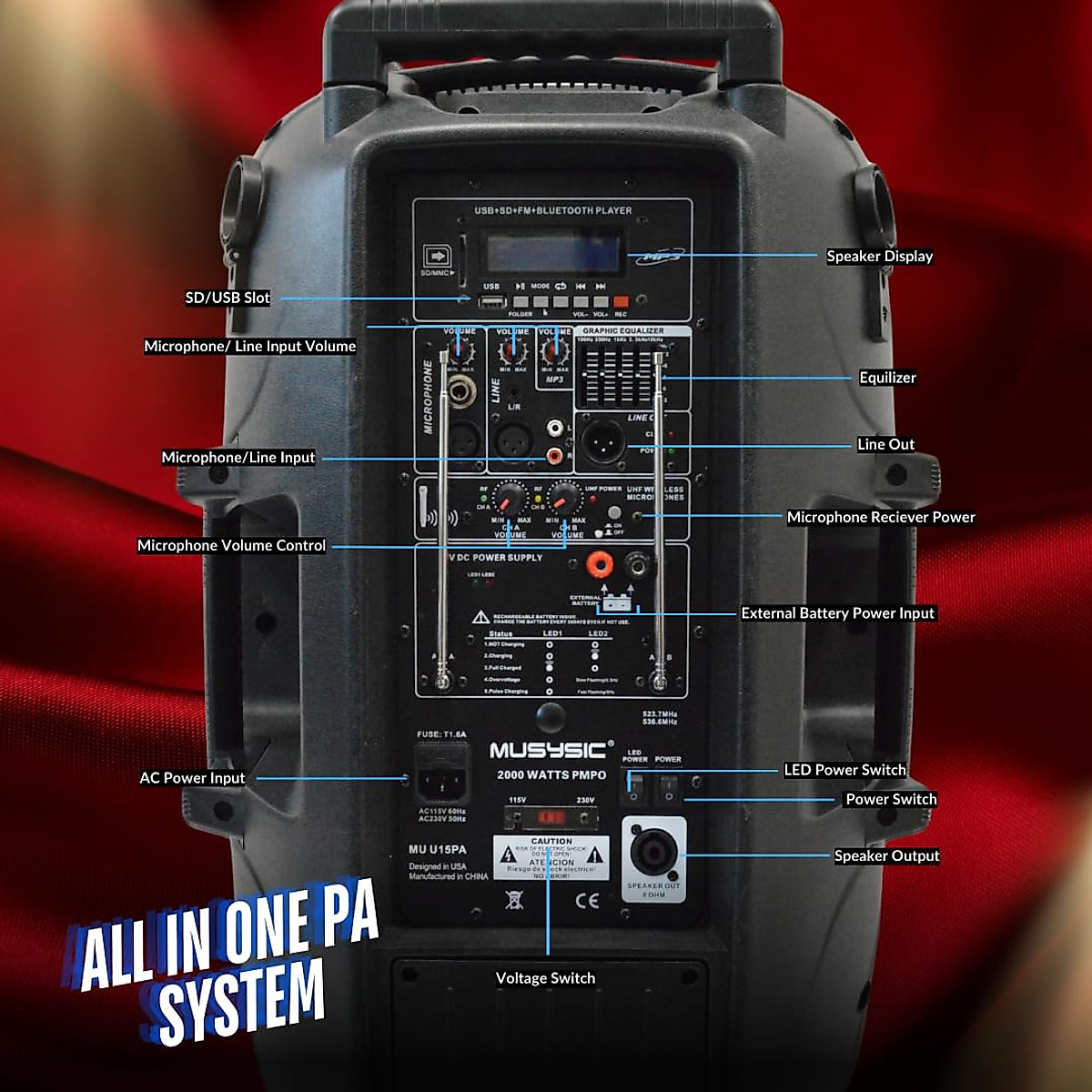 MUSYSIC PA Power Bluetooth Speaker 2000W with Dual UHF Wireless Microphones Bluetooth/FM/USB/SD PA System 15” Speaker with Rechargeable Battery MU-U15PA