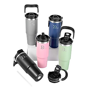 DEWA Iceflow stainless steel Tumbler | 30 oz Tumbler with Double Flip Straw | Premium Insulated Stainless Steel | Keeps Drinks Cold For 24 Hours, Hot For 12 Hours | BPA -Free. (Black)