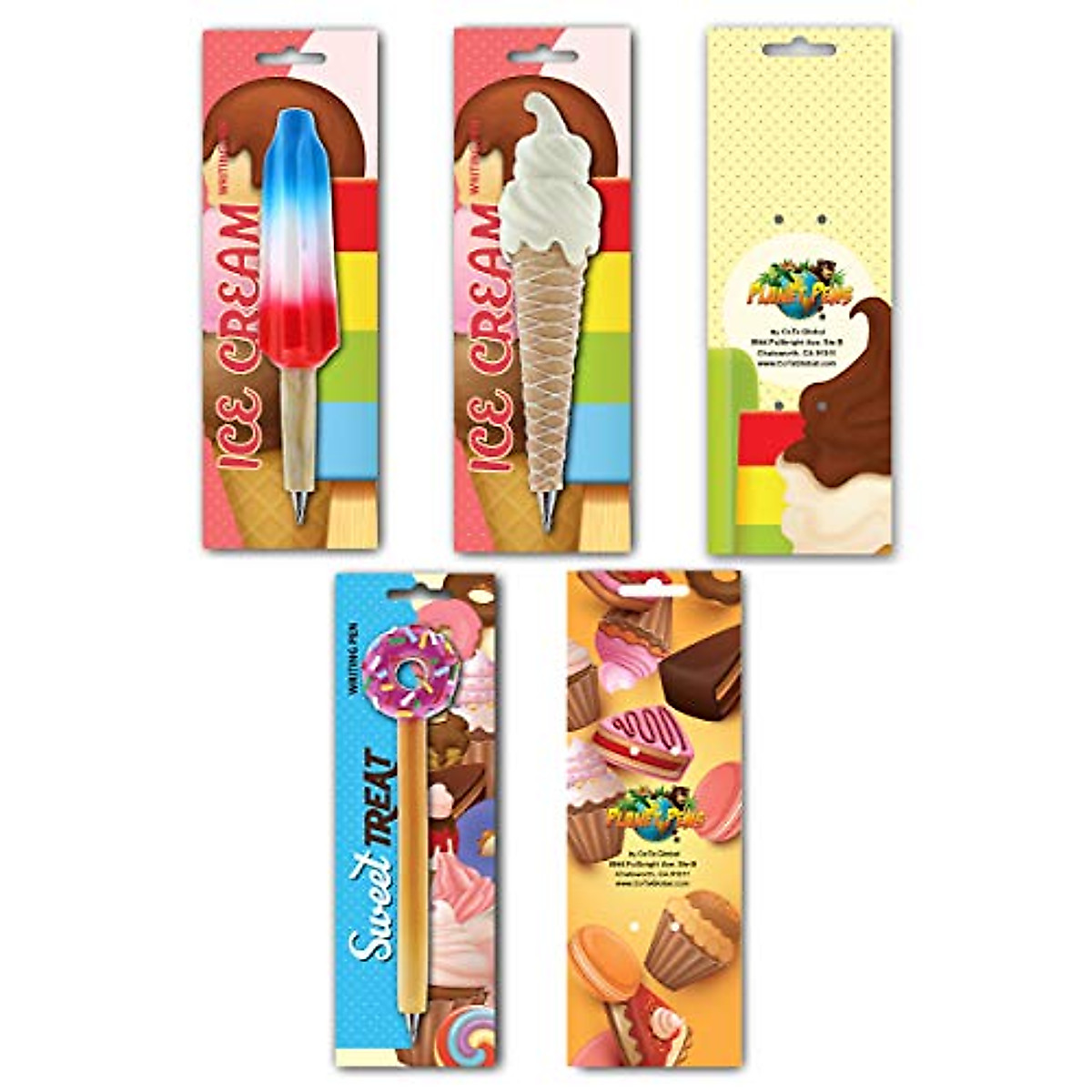Planet Pens Bundle of Cute Treats: Sparkle Pink Donut, Vanilla Cone Ice Cream, & Ice Treat Novelty Pens - Fun Unique Office Supplies Ballpoint Pens For School & Office - 3 Pack