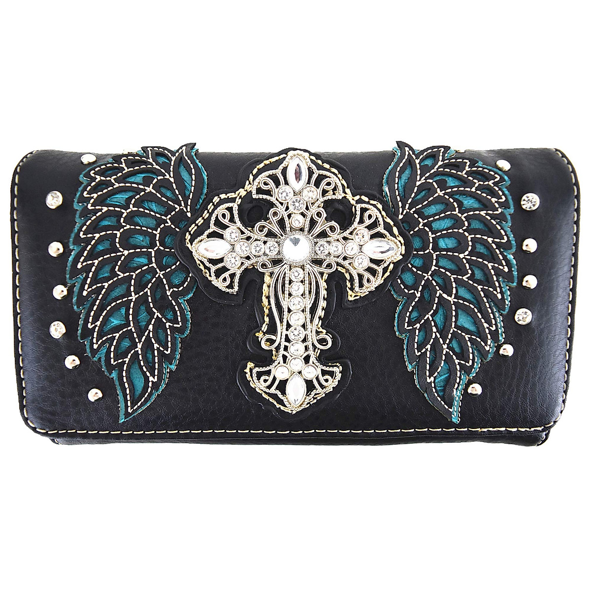 Western Style Rhinestone Cross Studded Laser Cut Wings Tooled Leather Purse Women Handbags Country Shoulder Bag Wallet Set (2Black/Turq Set)