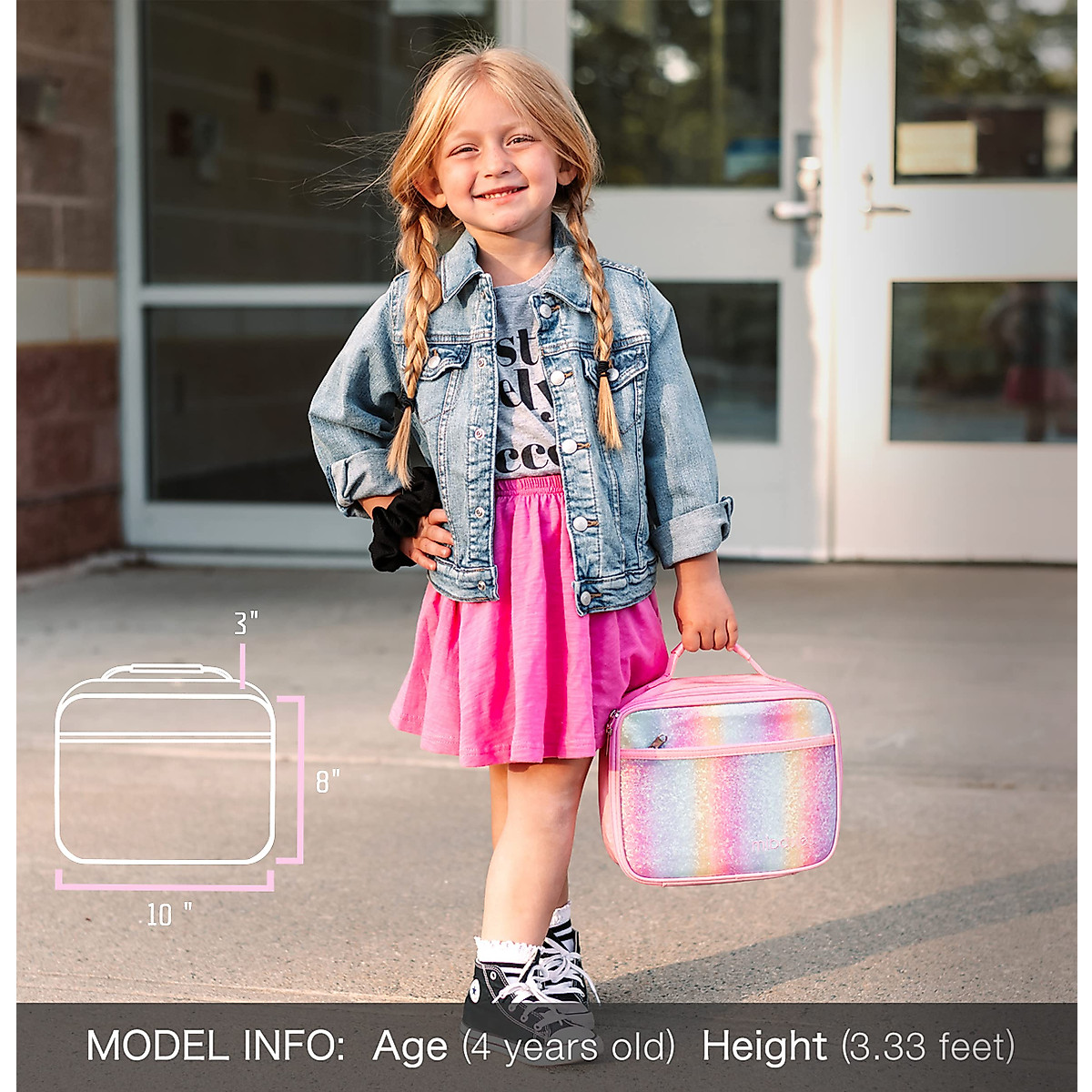 mibasies Kids Lunch Bag for Girls Toddler Sparkle Lunch Box for School Travel, Pink Blue Rainbow