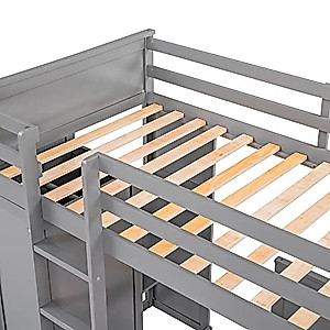 Twin Size Loft Bed with Desk and Wardrobe, Wood Loft Bed Frame with Storage Shelves and A Stand-alone Bed, Twin Over Twin Bunk Bed Frame for Kids Teens Adults (Bottom Bed Can Be Moved, Gray)