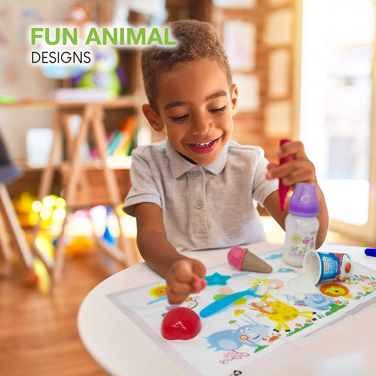 Safari Disposable Placemats for Table Top 60 Mats for Children Kids Toddlers Baby Perfect to use as Restaurants Place mats BPA Free Eco Friendly Sticks to Table Fun Designs Keep Neat Now!