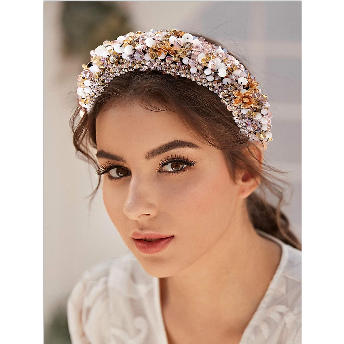 GLBCC Crystal Padded Headband for Women Handmade Pink Acrylic Beaded Headband Boho Small Flower Embellished Hair Band Black Velvet Hair Hoop (pink headband)