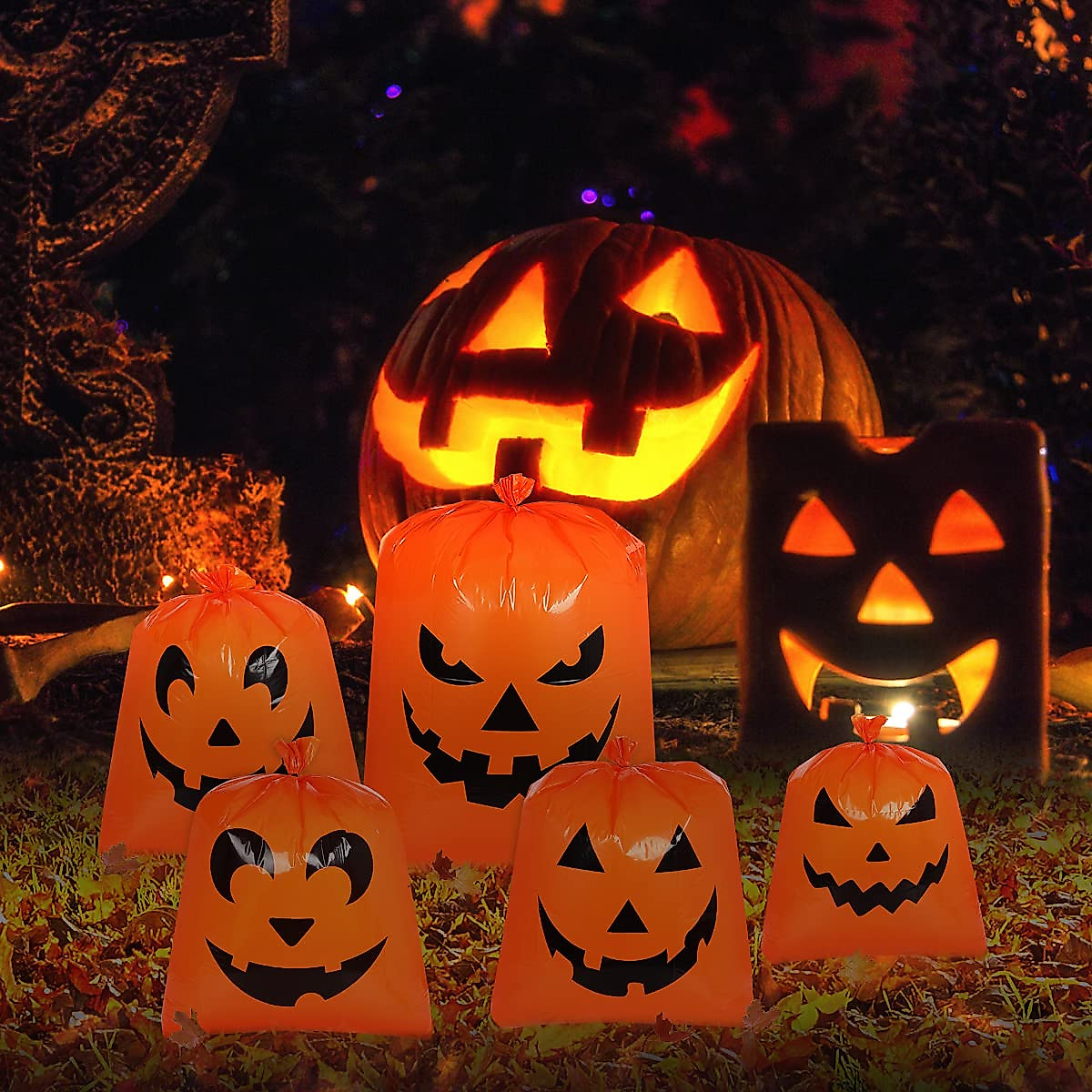10Pcs Halloween Pumpkin Lawn Bags - Halloween Decorations Leaf Bags with 5 Designs, Halloween Party Favors Fall Halloween Trash Bags with Twist Ties for Yard Lawn Garden Halloween Decorations Outdoor