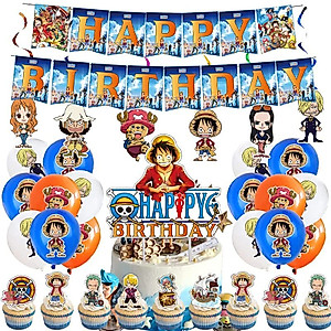 Piece Anime Birthday Decorations Party Supplies Party Favor Include Happy Birthday Banner, Cake Topper,Balloon，Cupcake Toppers, Anime Decorations for Girls