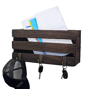 Rustic Mail Holder Wall Mount ~ Key and Mail Organizer for Wall Decorative with 3 Key Hooks ~ Key Hanger for Wall, Entryway, Bathroom, Living Room, Kitchen (Brown)